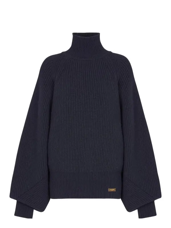 Balmain Ribbed-knit Logo-patch High Neck Sweater - Blue