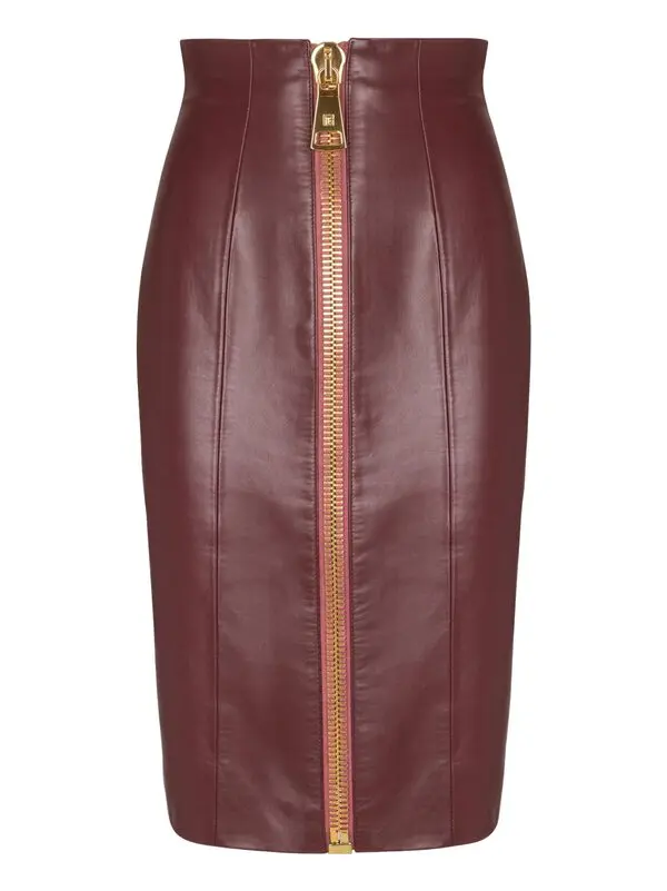 Balmain Leather Pencil Skirt With Zipper Detail - Brown
