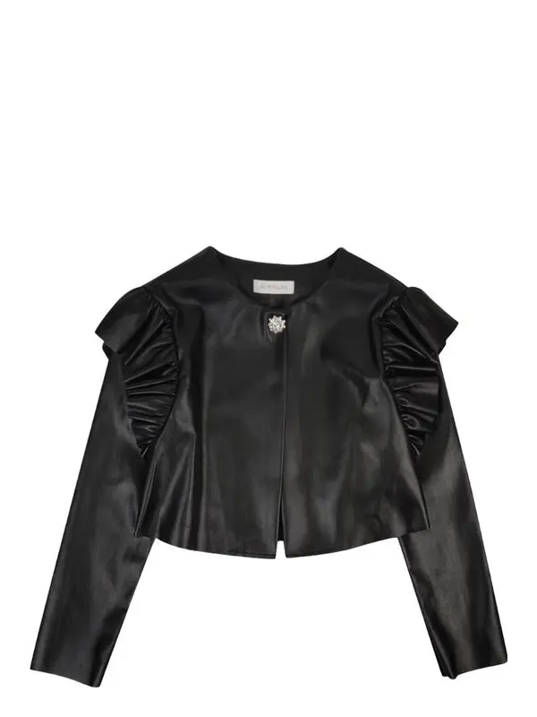 Monnalisa Leather Jacket With Embellished Closure And Ruffle Sleeves - Black