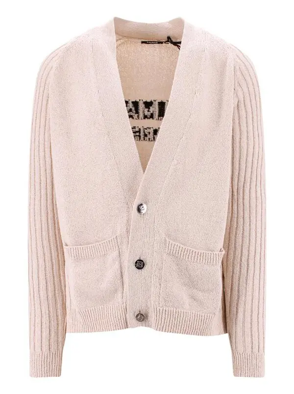 Balmain V-neck Logo Intarsia Knit Cardigan - Pink