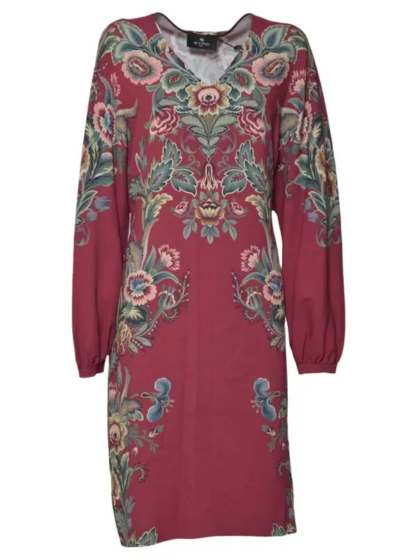 Etro Floral Printed V-neck Long Sleeve Dress - Red