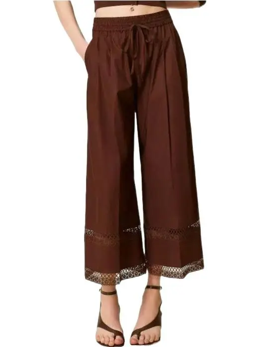 TWINSET Embroidered Lace Trimmed Wide-leg Trousers - Brown