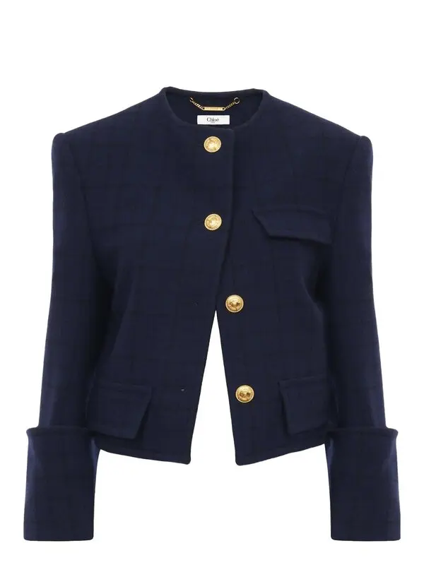 Chloé Wool Check Boxy Jacket With Gold-tone Buttons - Deep Indigo