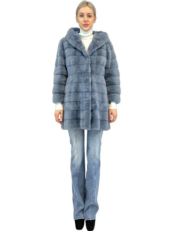 LISKA Hooded Fur Coat With Leather Stripes - Blue