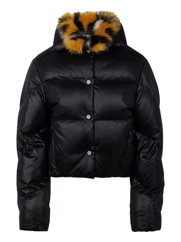 Rabanne Cropped Puffer Jacket With Fur Collar - Black