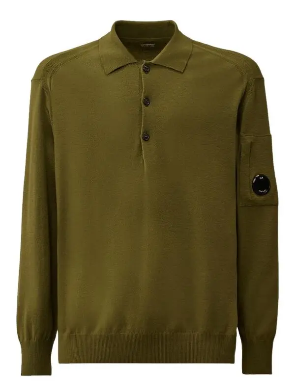 C.P. COMPANY Crew Neck Polo Sweater In Extrafine Merino Wool - Elmwood Green