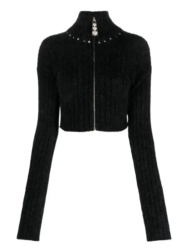 Alessandra Rich Zip-up Crystal Trim Ribbed Knit Cardigan - Black