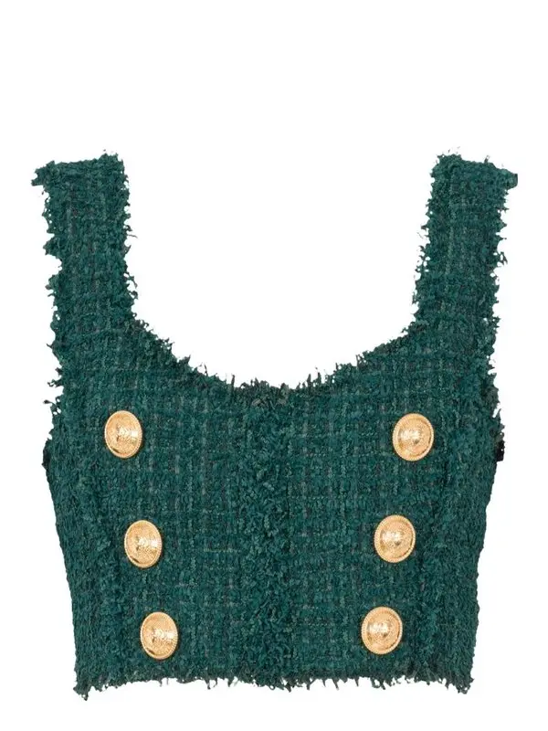 Balmain Tweed Crop Top - Green