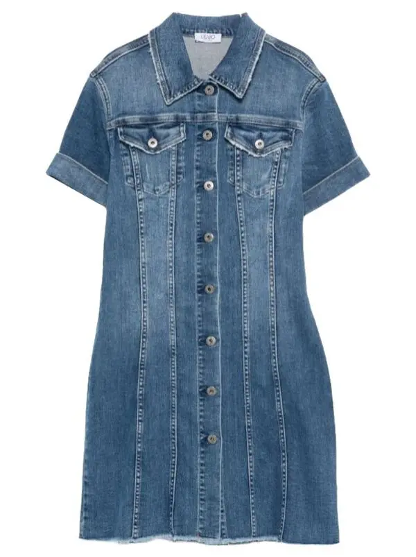 Liu Jo Frayed Denim Midi Dress With Short Sleeves - Blue