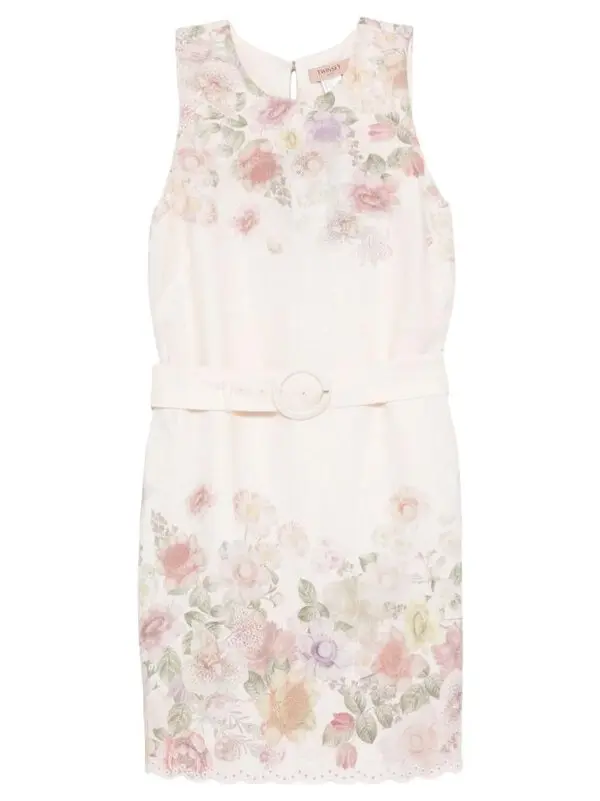 TWINSET Floral Round Neck Sleeveless Belted Mini Dress - White