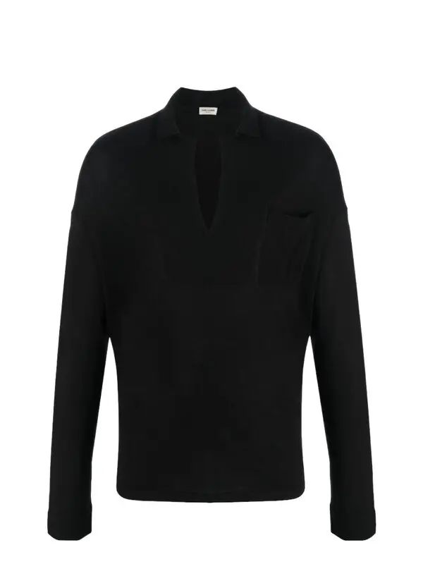 Saint Laurent V-neck Long Sleeve Sweatshirt With Lapel Collar And Chest Pocket - Black