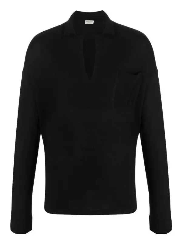 Saint Laurent V-neck Long Sleeve Sweatshirt With Lapel Collar And Chest Pocket - Black