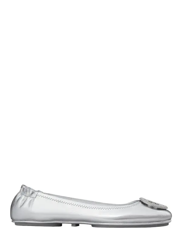 Tory Burch Pleated Metallic Leather Ballet Flats With Logo Applique - Silver/silver