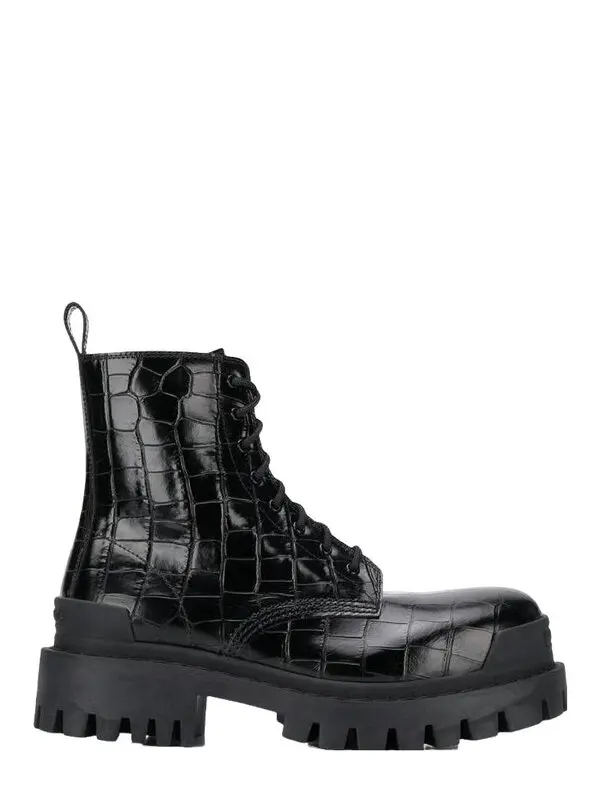 Balenciaga Strike Embossed Croc Effect Lace-up Boots - Black