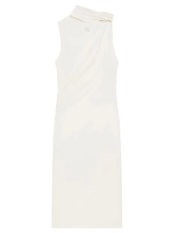 COURREGES Sleeveless Draped Midi Dress With Silver-tone Ac Logo Embellishment - Natural Beige