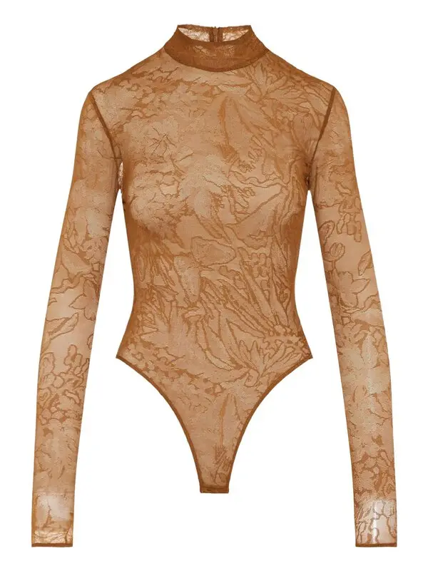 David Koma Floral Lace High Neck Bodysuit - Brown