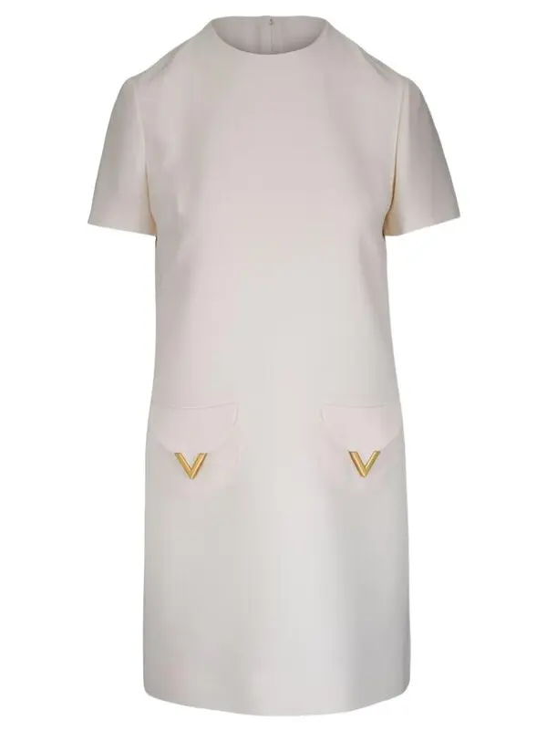 Valentino Garavani Round Neck Short Sleeve Dress With Patch Pockets - Ivory White