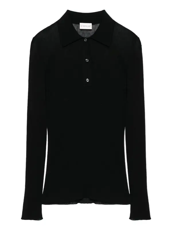 Moncler Long-sleeved Fine Ribbed Polo Top With Lapel Collar - Black