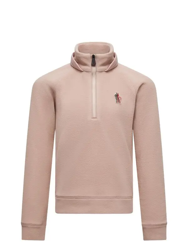 Moncler Half-zip Fleece Sweatshirt With Stand Collar And Logo - Pink