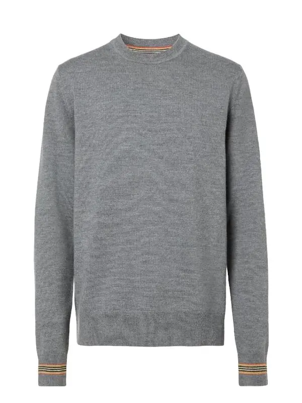 Burberry Icon Stripe Trim Crew Neck Pullover - Gray