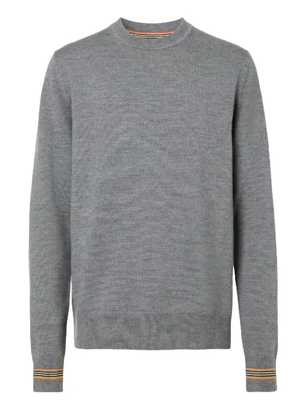 Burberry Icon Stripe Trim Crew Neck Pullover - Gray