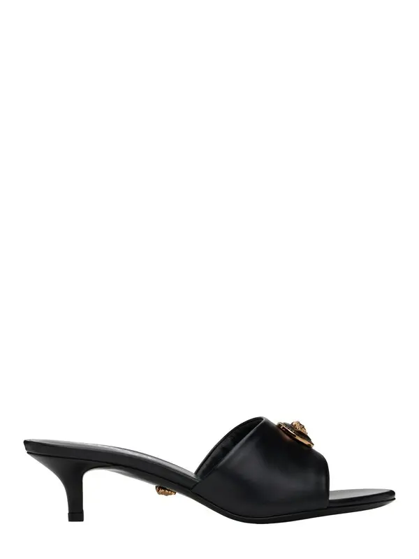Versace Alia High Heel Open Toe Sandals With Medusa Hardware - Black/gold