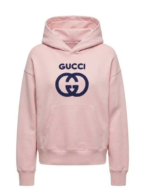 Gucci Logo Embroidered Jersey Hoodie - Pink