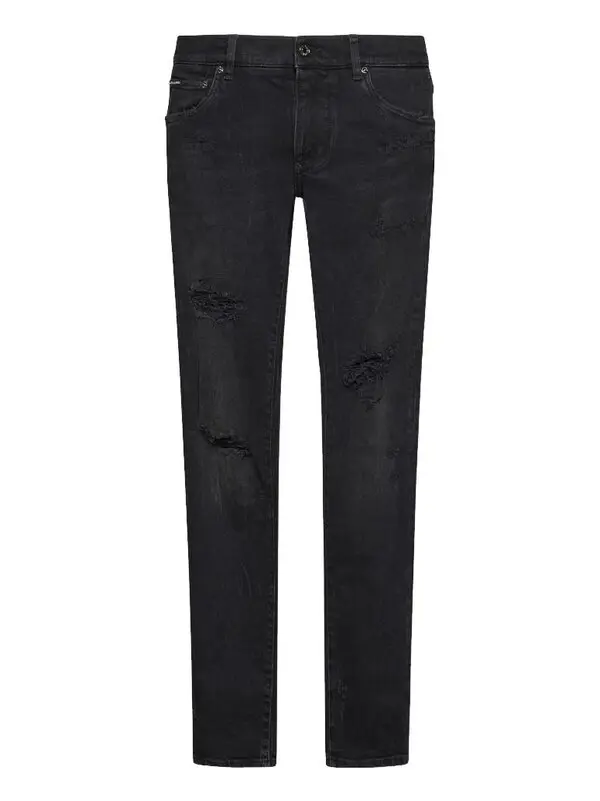 Dolce & Gabbana Logo Plaque Distressed Jeans - Black