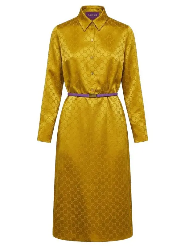 Gucci Gg Jacquard Long Sleeve Dress With Belt - Brown