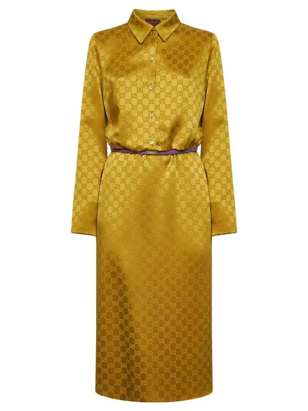 Gucci Gg Jacquard Long Sleeve Dress With Belt - Brown