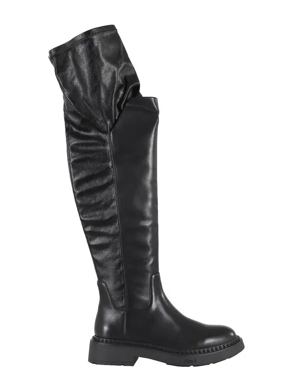 Ash Round Toe Over The Knee Boots With Pleated Detailing - Black