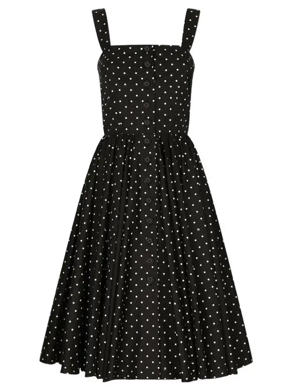 Dolce & Gabbana Polka Dot Square Neck Sleeveless Calf-length Dress - Black