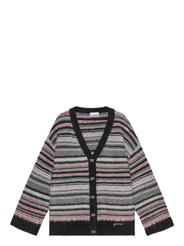 GANNI Striped Knit Cardigan With Butterfly Buttons - Phantom Black