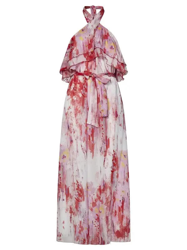 MSGM Floral Printed Halterneck Midi Dress - Nude