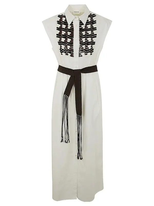 P.a.r.o.s.h Sleeveless Sequin Embellished Shirt Dress With Lapel Strap - White
