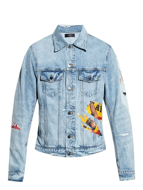 Amiri Long-sleeved Denim Trucker Jacket With Graphic Embellishments - Blue