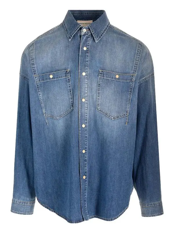 Alexander McQueen Dart-detailed Long Sleeved Denim Shirt - Blue