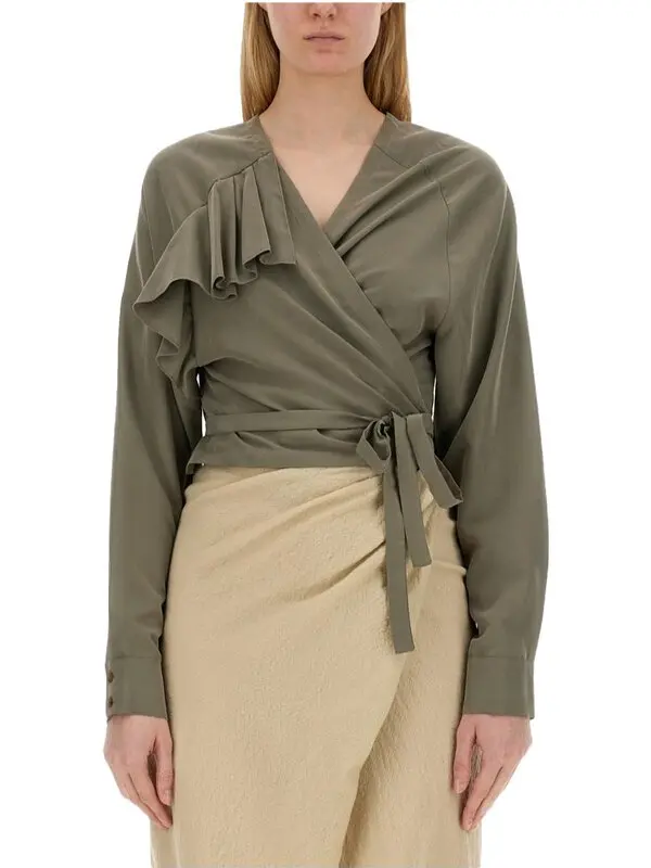 ALYSI Cropped Ruffled Wrap Top With Lace Detail - Green