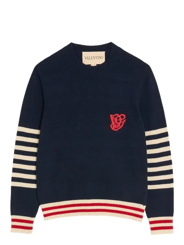 Valentino Garavani Wool Sweater With Vg Embroidery And Striped Sleeves - Navy/burro