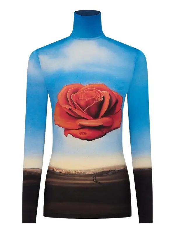 Rabanne Rose Print High Neck Long Sleeve Top - Multicolor