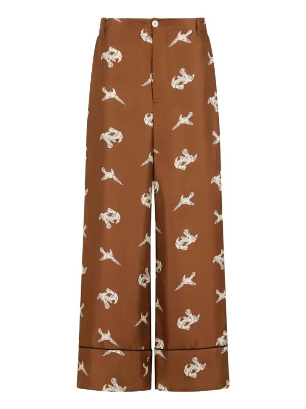 Marni Brown Silk Twill Trousers With Raven Print - Maroon