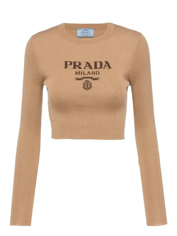 Prada Cropped Silk Logo Pullover - Camel Brown