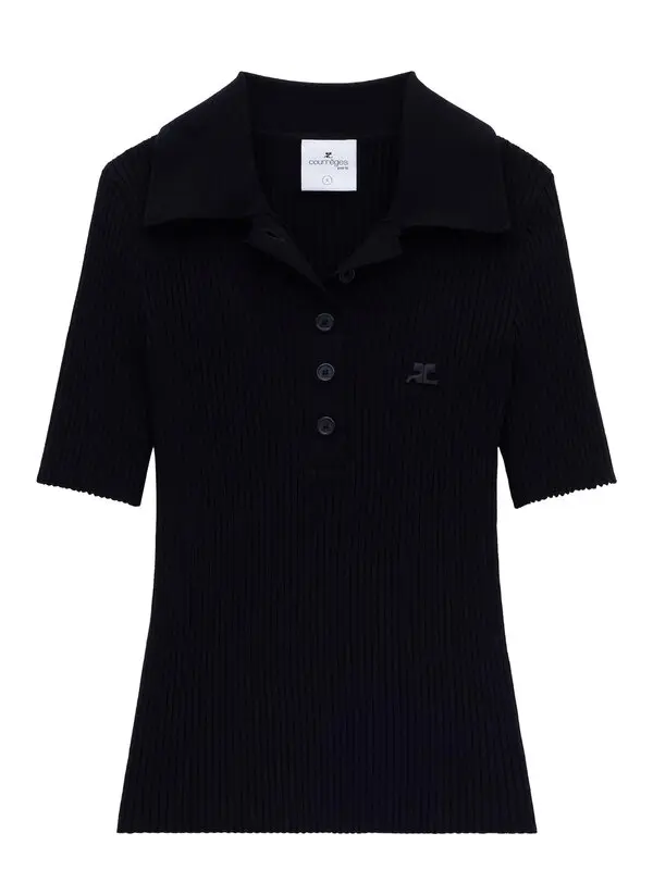 COURREGES Courrèges Rib Knit Short Sleeve Polo Shirt - Black