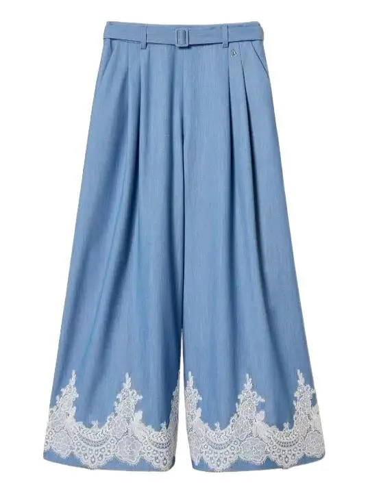 TWINSET Lace Trim Wide Leg Palazzo Pants - Blue