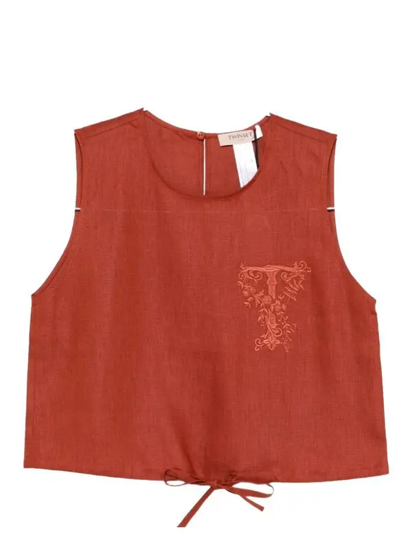 TWINSET Embroidered Sleeveless Top With Drawstring Hem - Brown