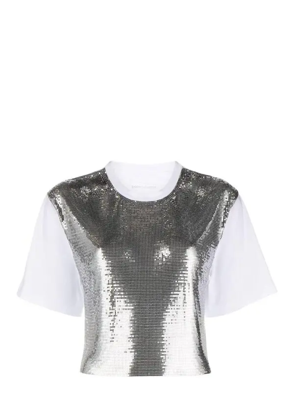 Rabanne Short Sleeve T-shirt With Mesh And Chain Details - White