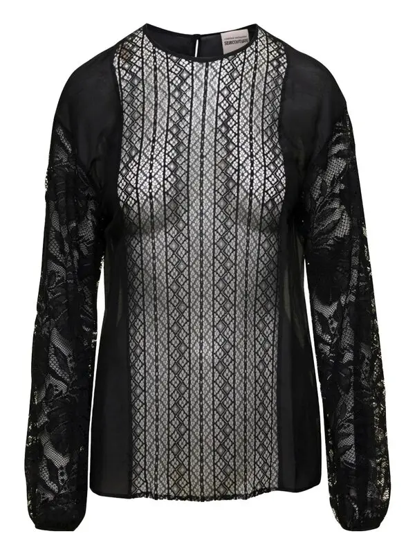 SEMICOUTURE Long-sleeved Lace Blouse - Black