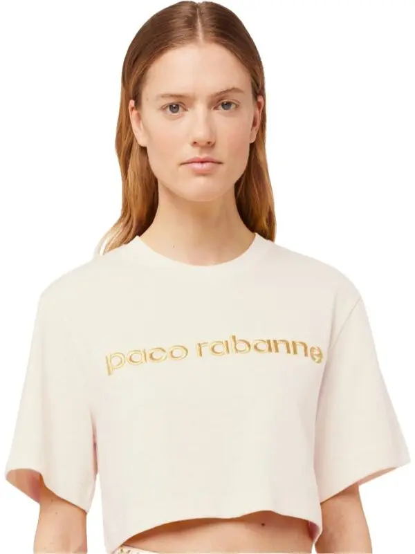Rabanne Logo Embroidered Cropped T-shirt - White