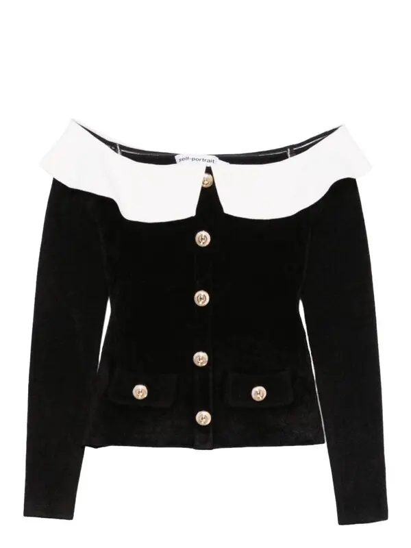 SELF-PORTRAIT Chenille Off-shoulder Knitted Top With Long Sleeves - Black