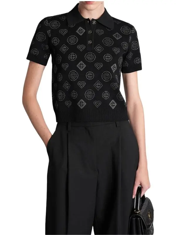 Casablanca Logo Jacquard Knitted Polo Top - Black
